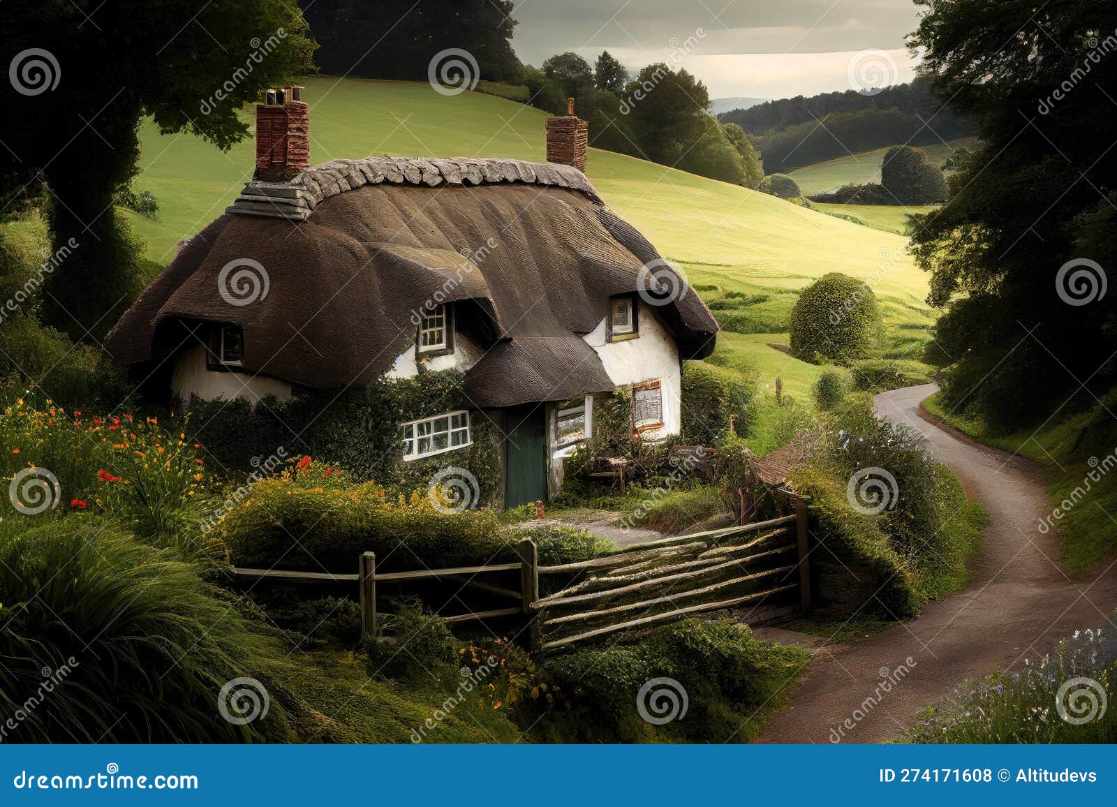 Rustic Thatched Cottage Surrounded by Lush Greenery on Rolling Hills ...