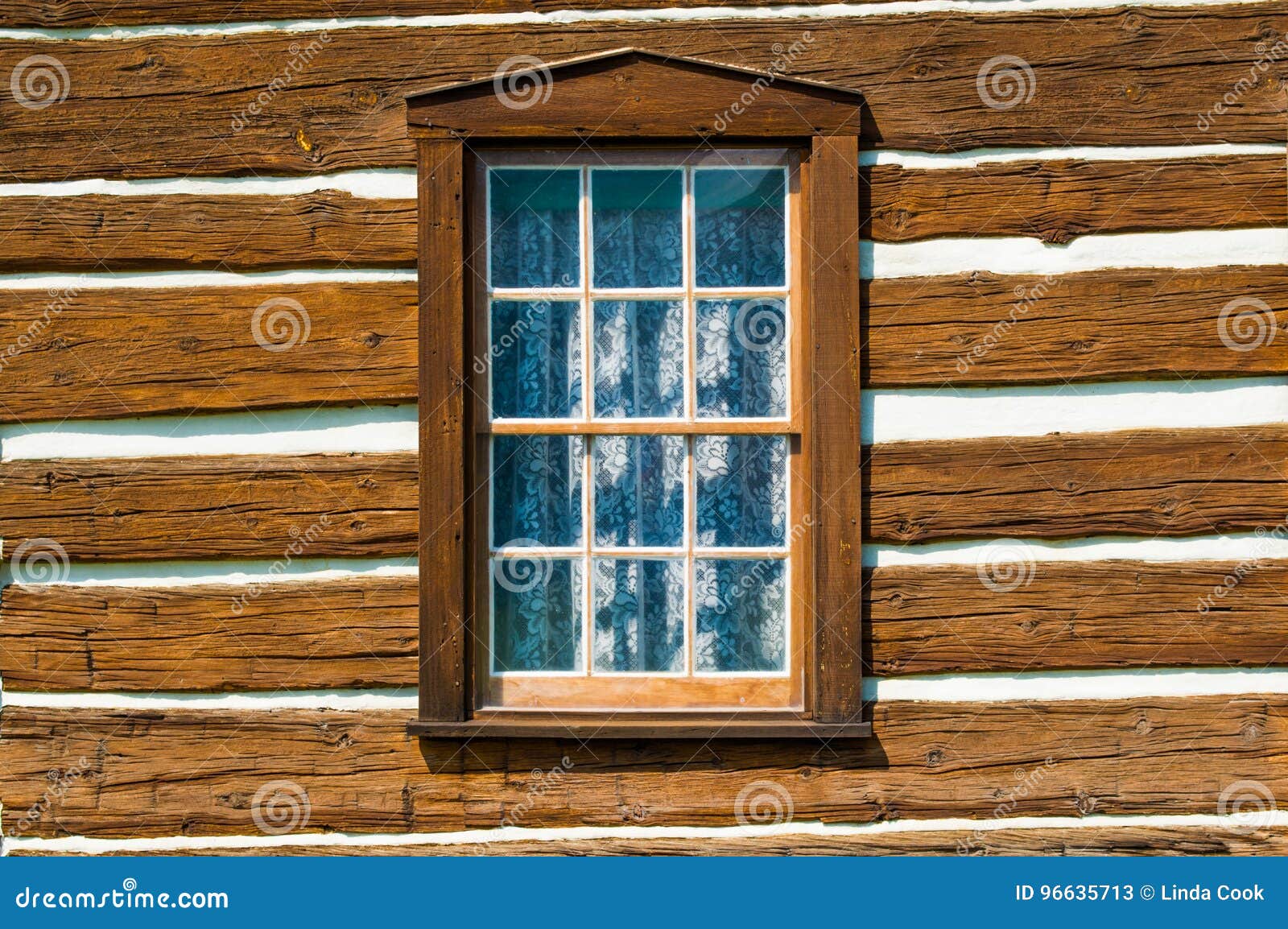 Rustic Timber Wall with a Window and Lace Curtains Stock Image - Image ...
