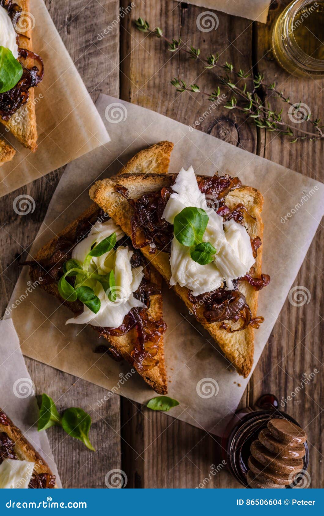 Rustic Toast with Caramelized Onion and Goat Cheese Stock Photo - Image ...