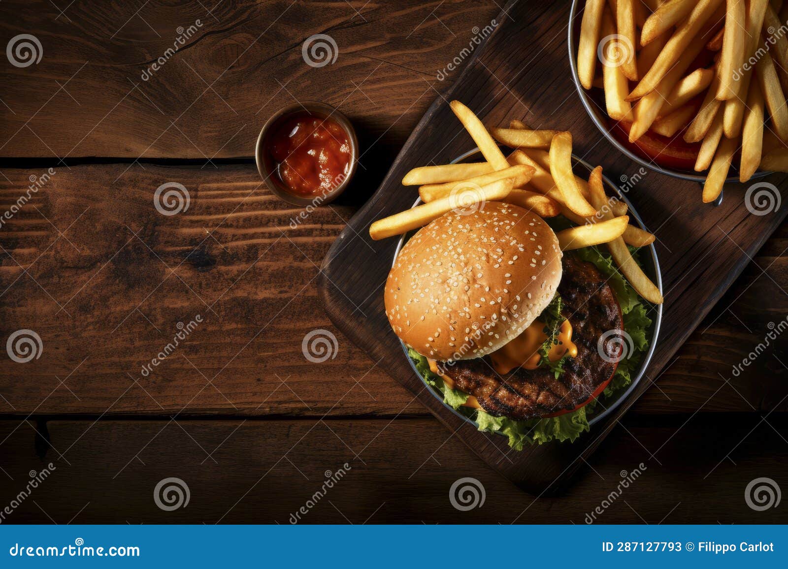 Rustic Top-View Hamburger Feast Stock Image - Image of plate, gourmet ...