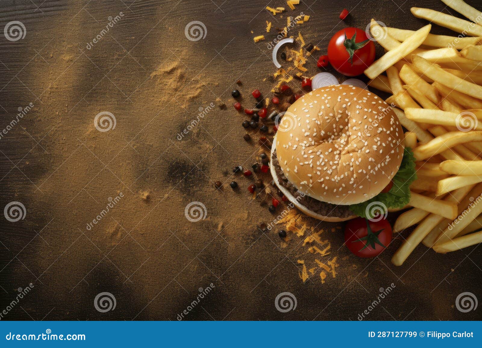 Rustic Top-View Hamburger Feast Stock Image - Image of crispy, chips ...