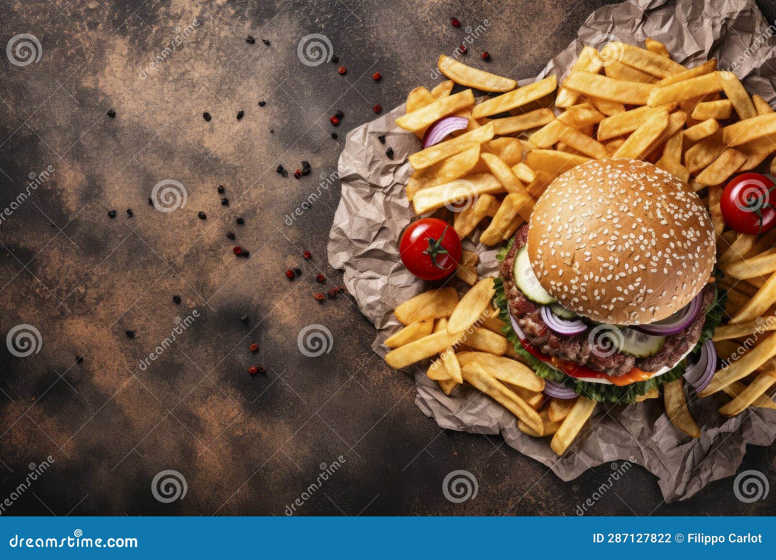 Rustic Top-View Hamburger Feast Stock Photo - Image of chips, plate ...