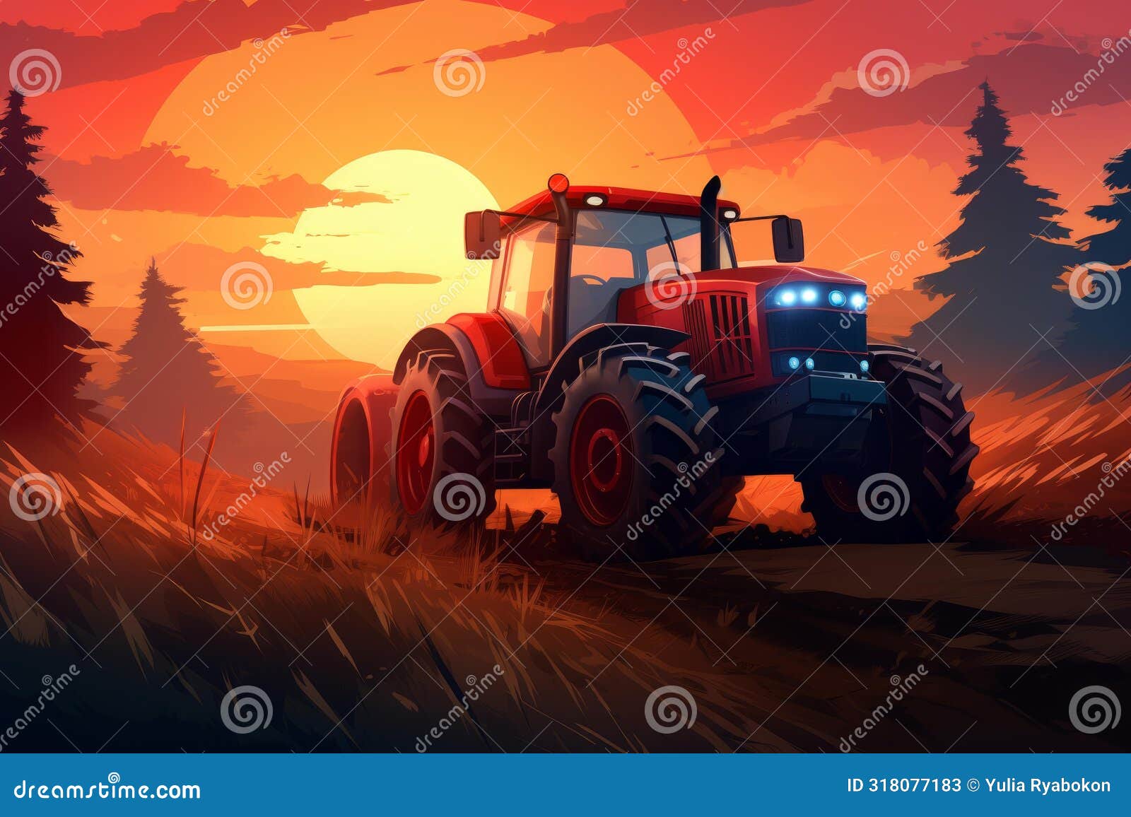 Tractor On The Sunset Background. Tractor With High Wheels Is Making ...
