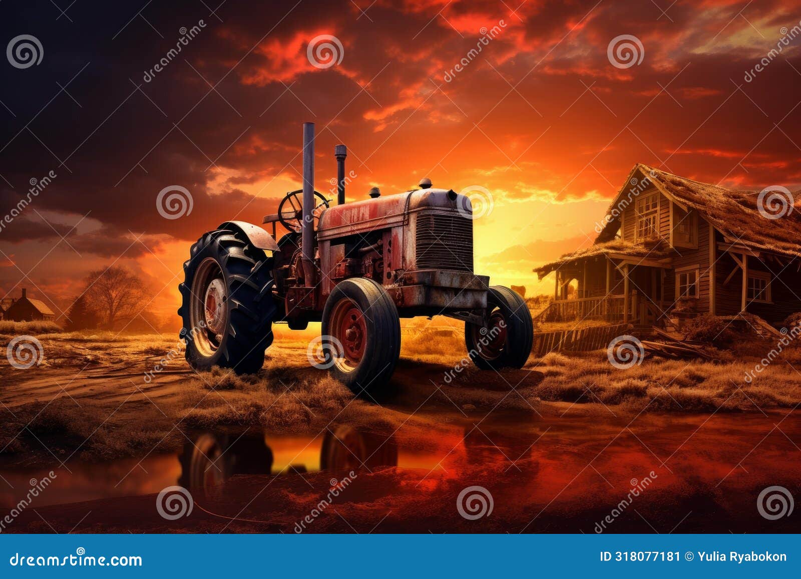 Tractor On The Sunset Background. Tractor With High Wheels Is Making ...