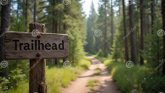 Rustic Trailhead Signpost on Forest Trail Sunlight through Pine Trees ...