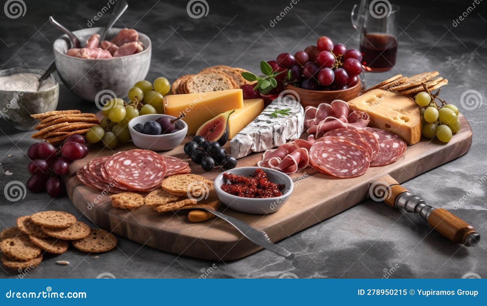 A Rustic Tray of Gourmet Tapas, Smoked Meat, and Wine Generated by AI ...