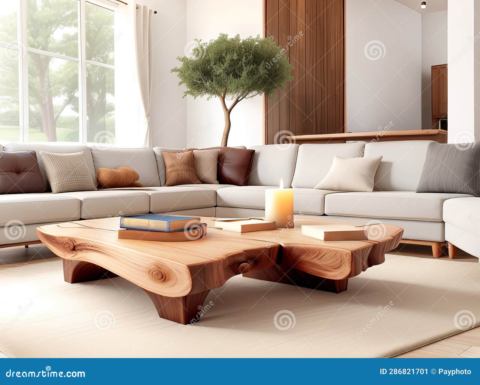 Rustic Tree Stump Coffee Tables Near Beige Sofa. Stock Illustration ...