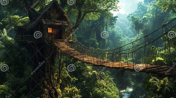 A Rustic Treehouse Connected To the Jungle by a Rope Bridge Stock ...