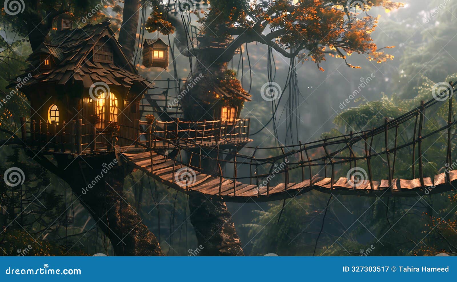 Rustic Treehouse with a Wooden Bridge Connecting To Another Tree Stock ...