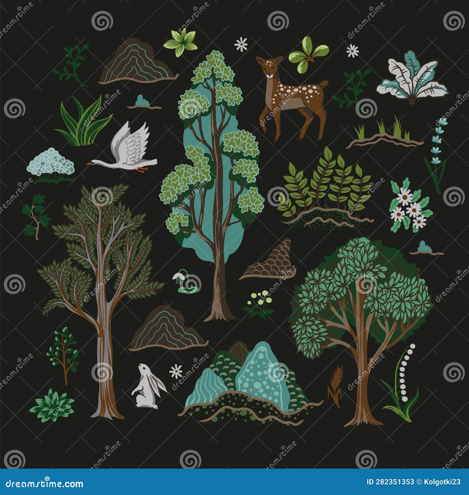 Rustic Trees, Animals and Plants Isolated. Vector. Stock Vector ...