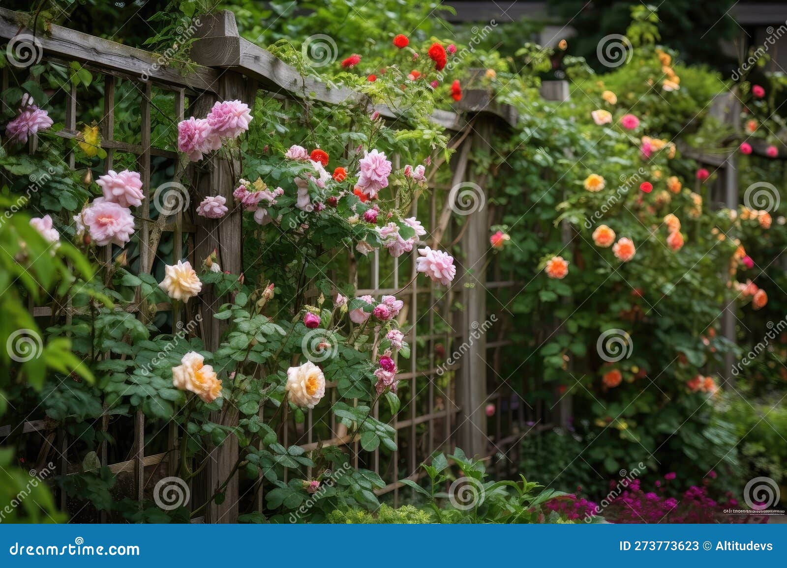 Rustic Trellis with Climbing Roses and Honeysuckle in the Background ...