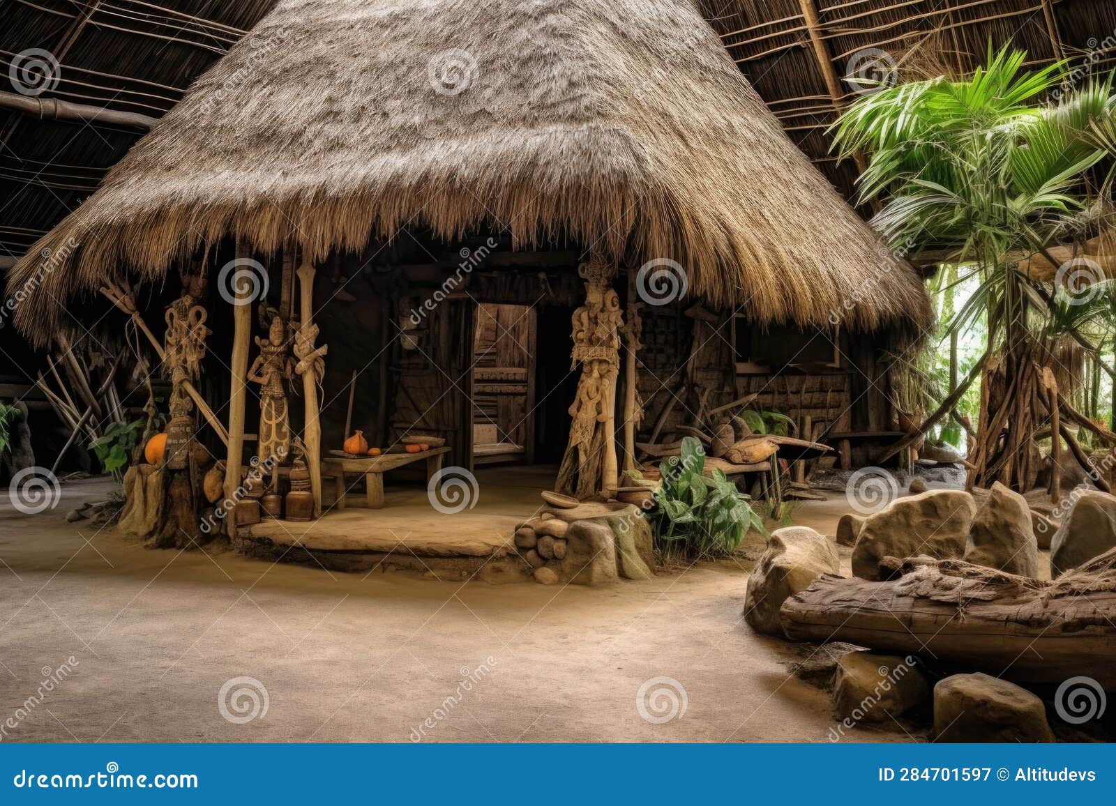 Rustic Tribal Hut with Thatched Roof and Artifacts Stock Image - Image ...