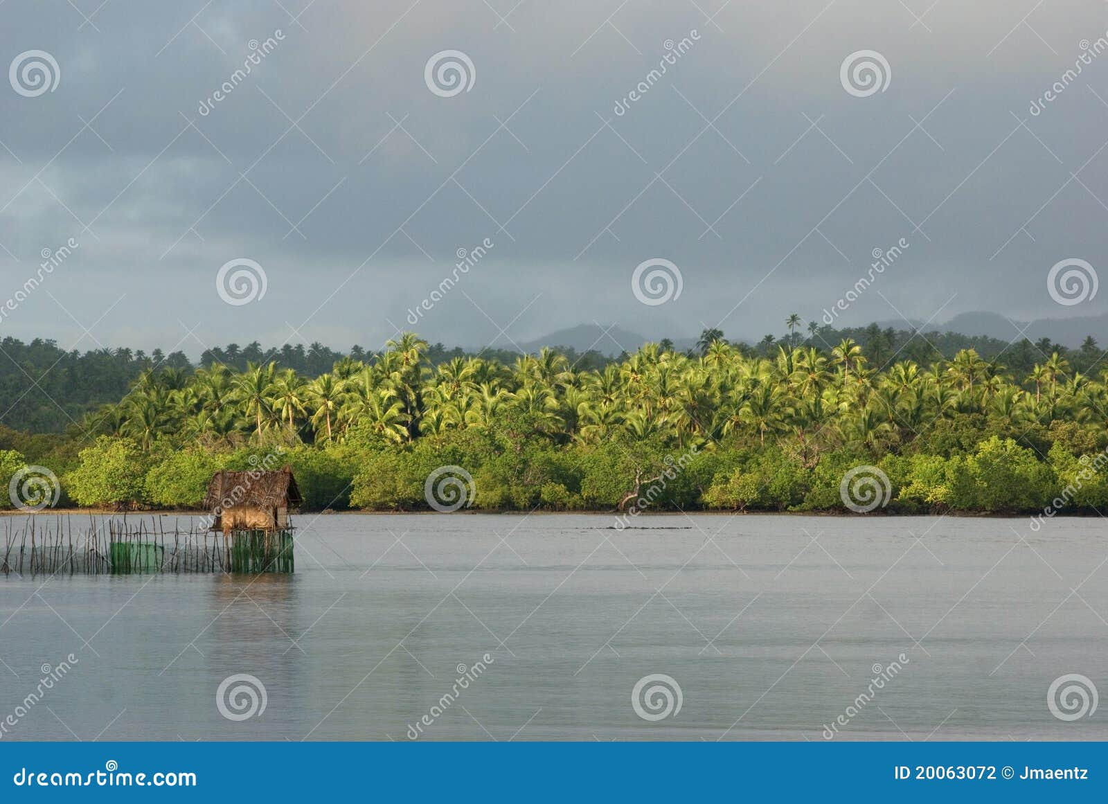 Rustic Tropical Seascape Scene with Native Hut Stock Photo - Image of ...
