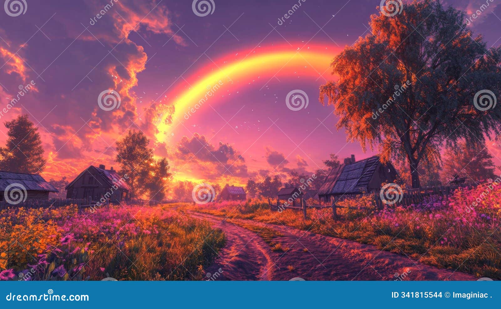 A Rustic Village at Sunset with a Rainbow in the Sky Stock Illustration ...