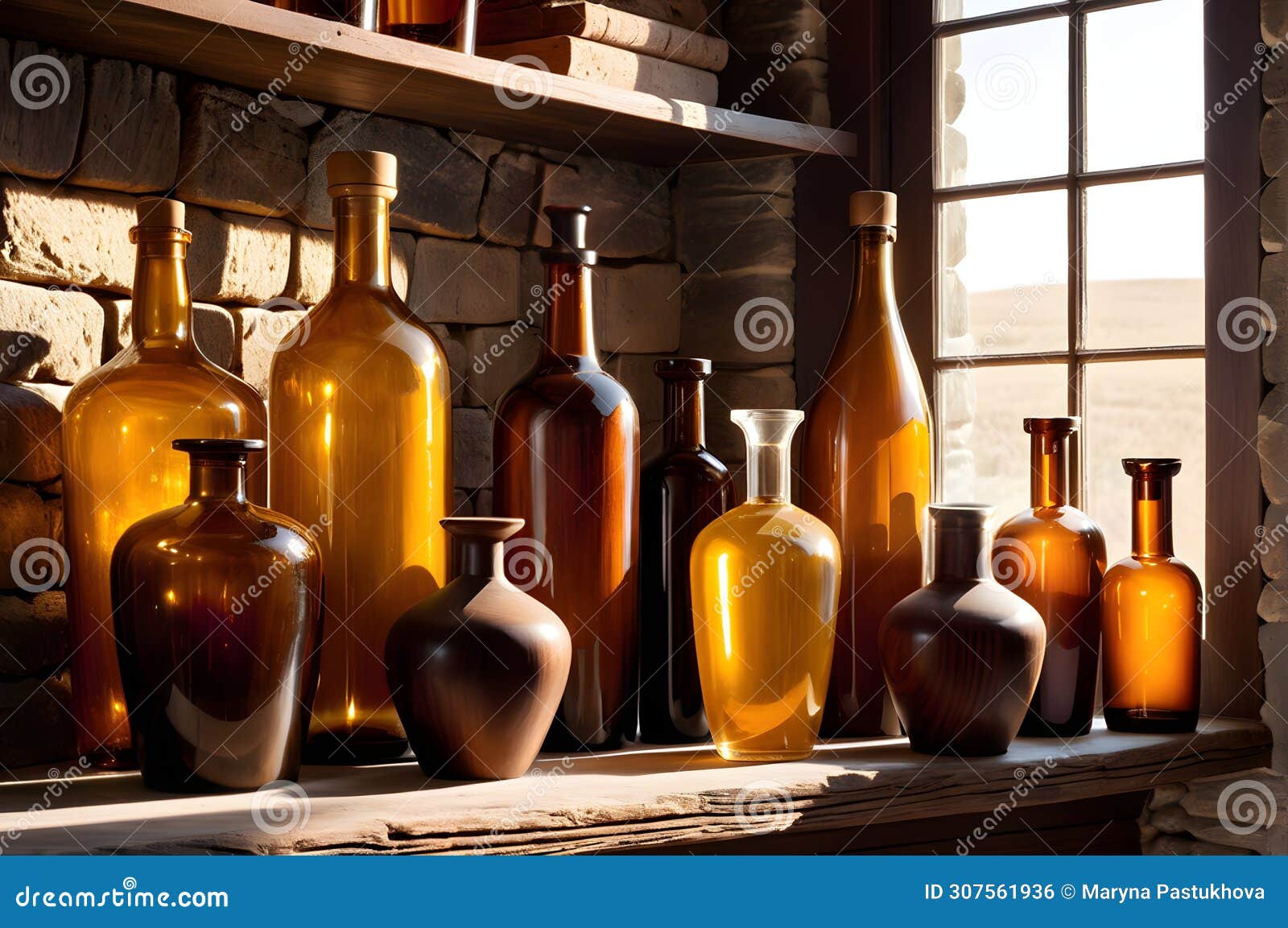 Rustic Vine Bottles Collection on Oak Table Stock Photo - Image of ...