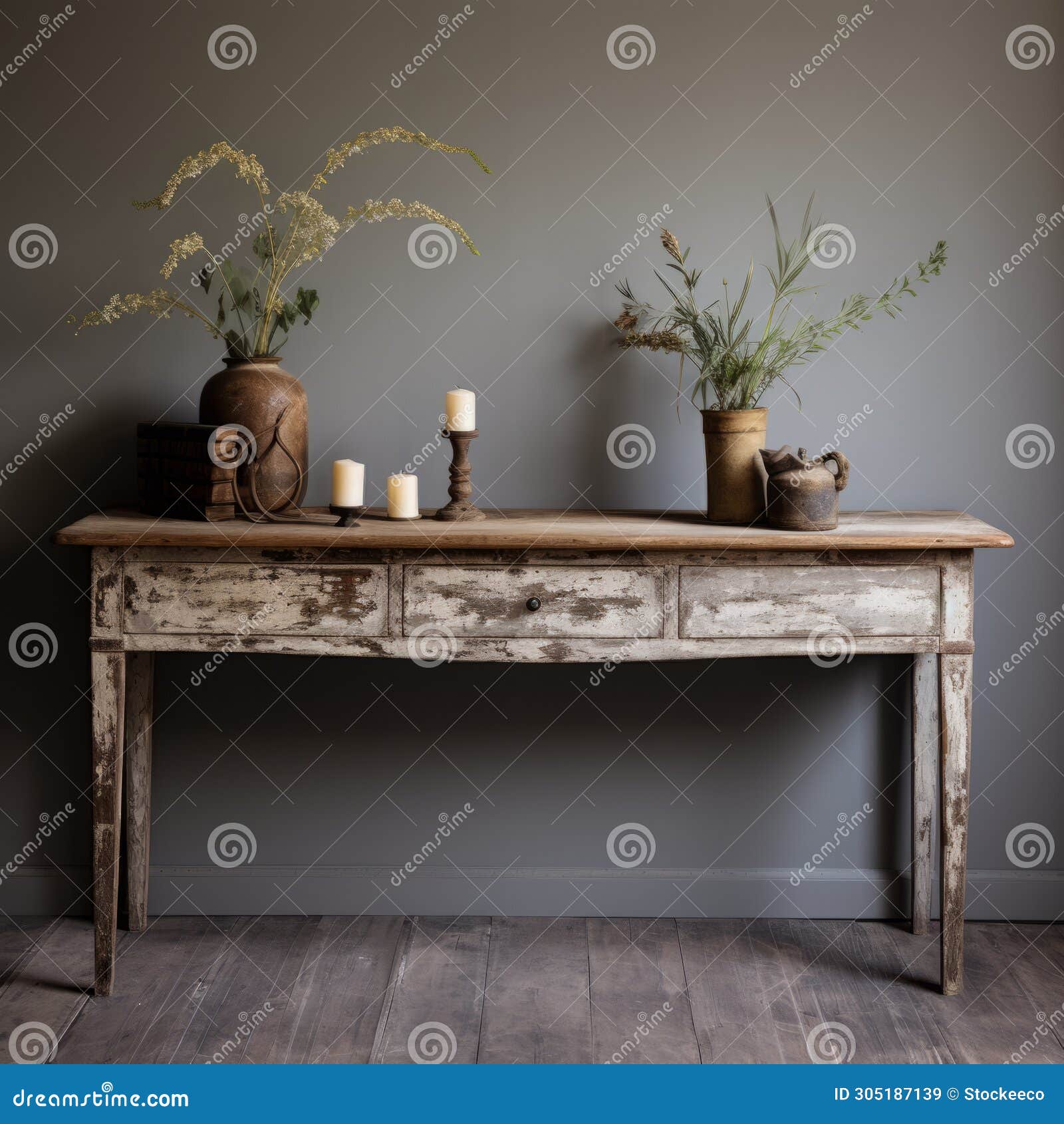 Rustic Vintage Console Table with Chippy Finish and 2 Drawers Stock ...