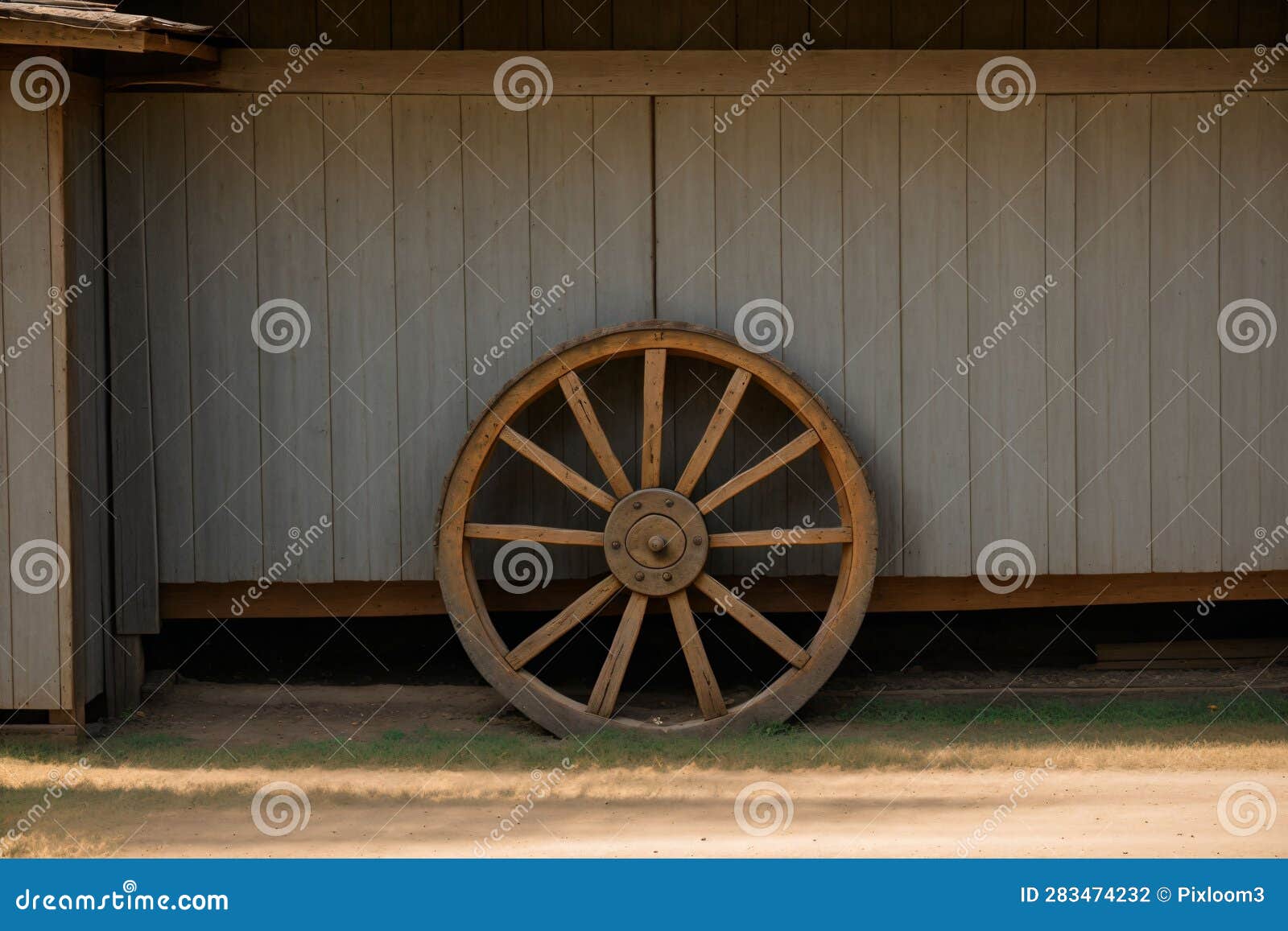 A Rustic Wagon Wheel Against a Barn Wall Stock Illustration ...
