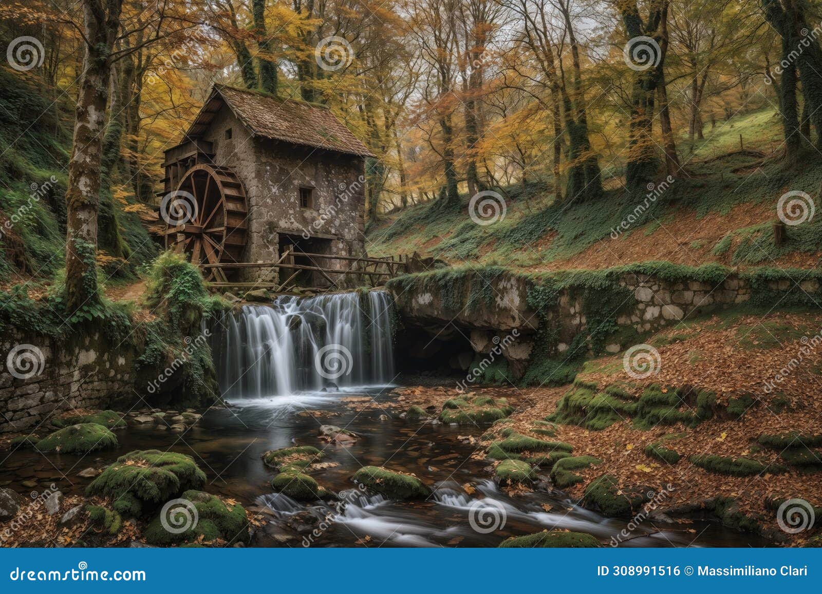 Rustic Watermill Surrounded by Vibrant Fall Foliage and a Cascading ...