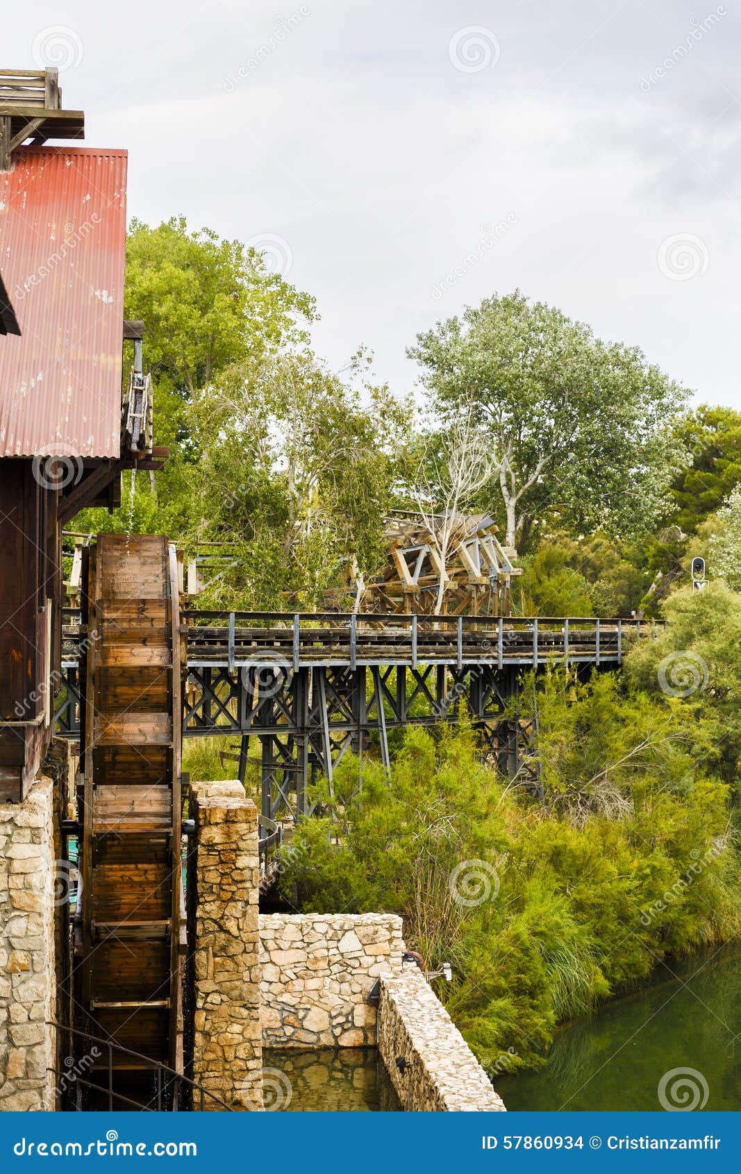 Rustic Watermill with Wheel Being Turned by Force of Falling Wat Stock ...