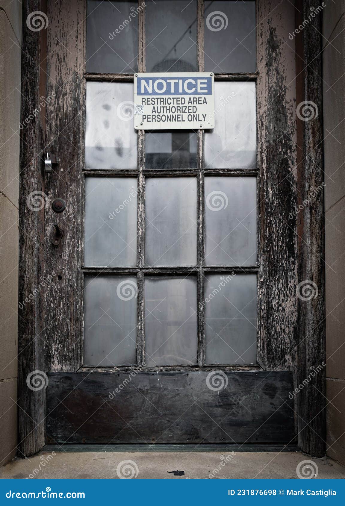 Rustic Weathered Door with Lock and Restricted Access Sign Stock Photo ...