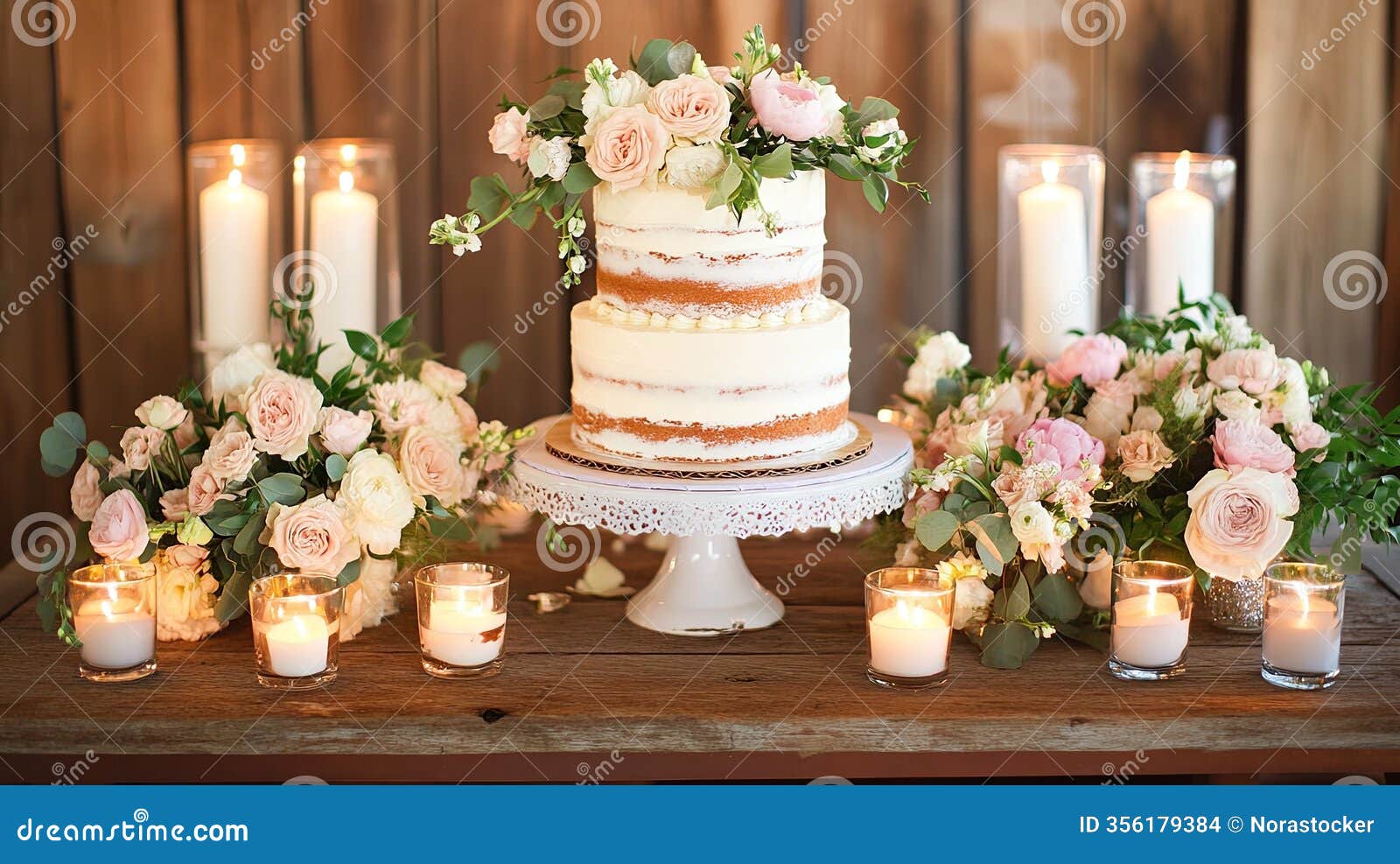 A Rustic Wedding Cake Table Decorated with Fresh Flowers and Candles Stock Photo - Image of love ...