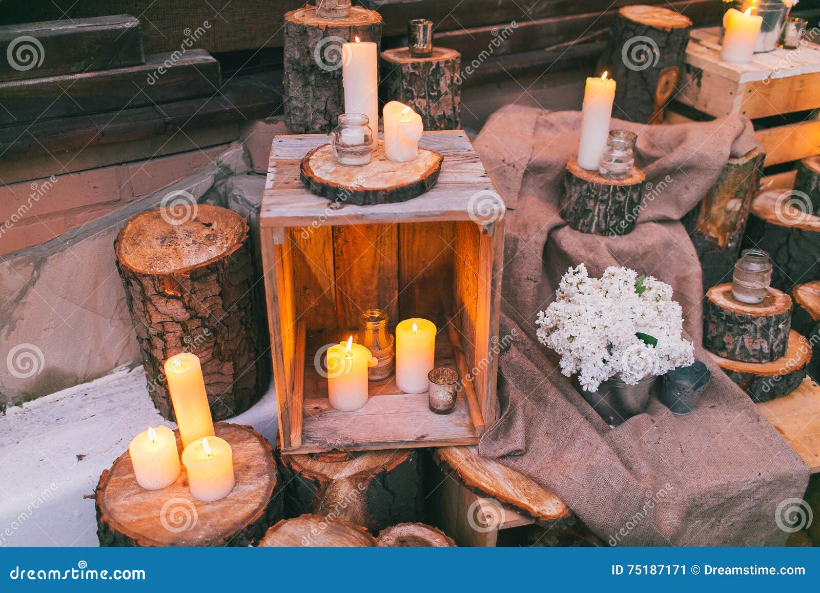 Rustic Wedding Decor, Decorated Box with Candles on the Stump Stock ...