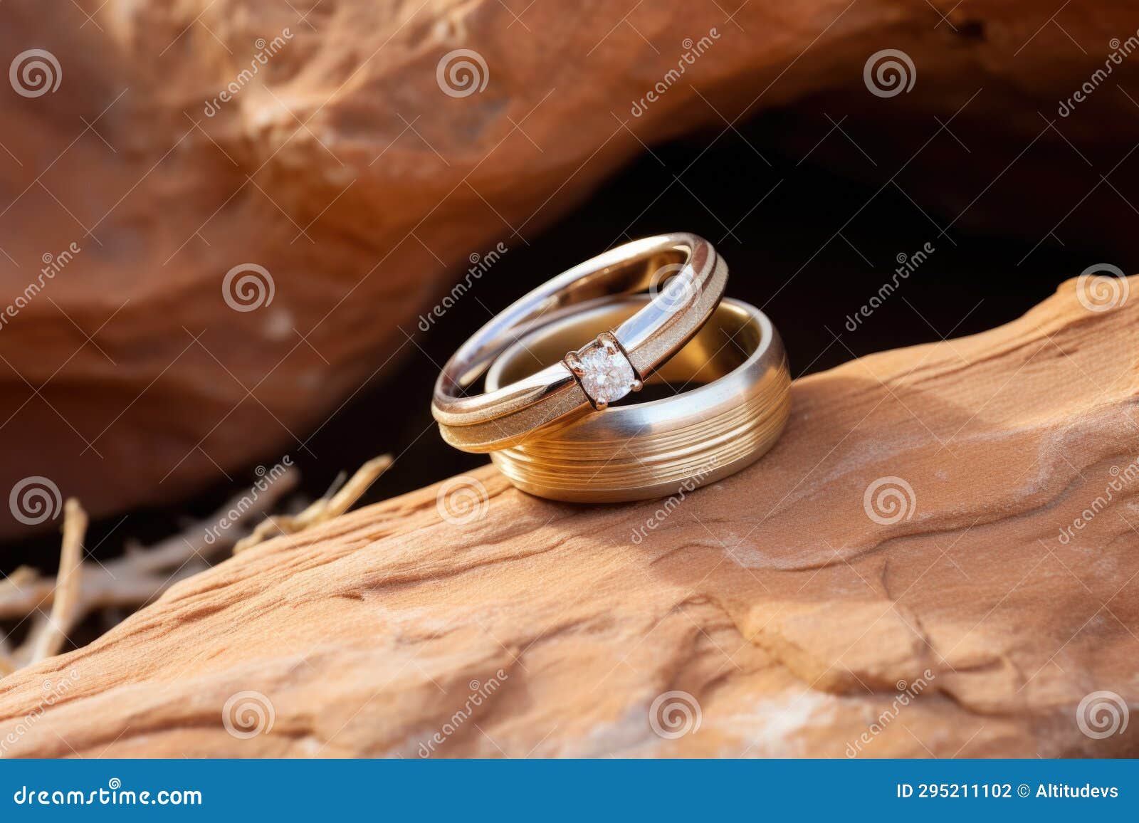Rustic Wedding Rings on a Sandstone Rock in a Desert Setting Stock ...