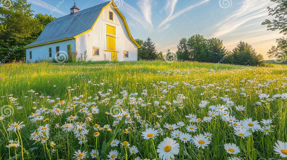 Rustic White Barn with Yellow Doors Surrounded by a Daisy Field at ...