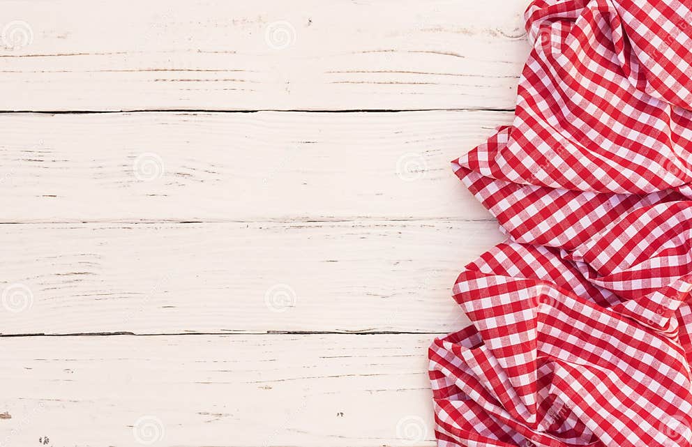 Rustic White Kitchen Table Background with Red Checked Tablecloth Stock ...