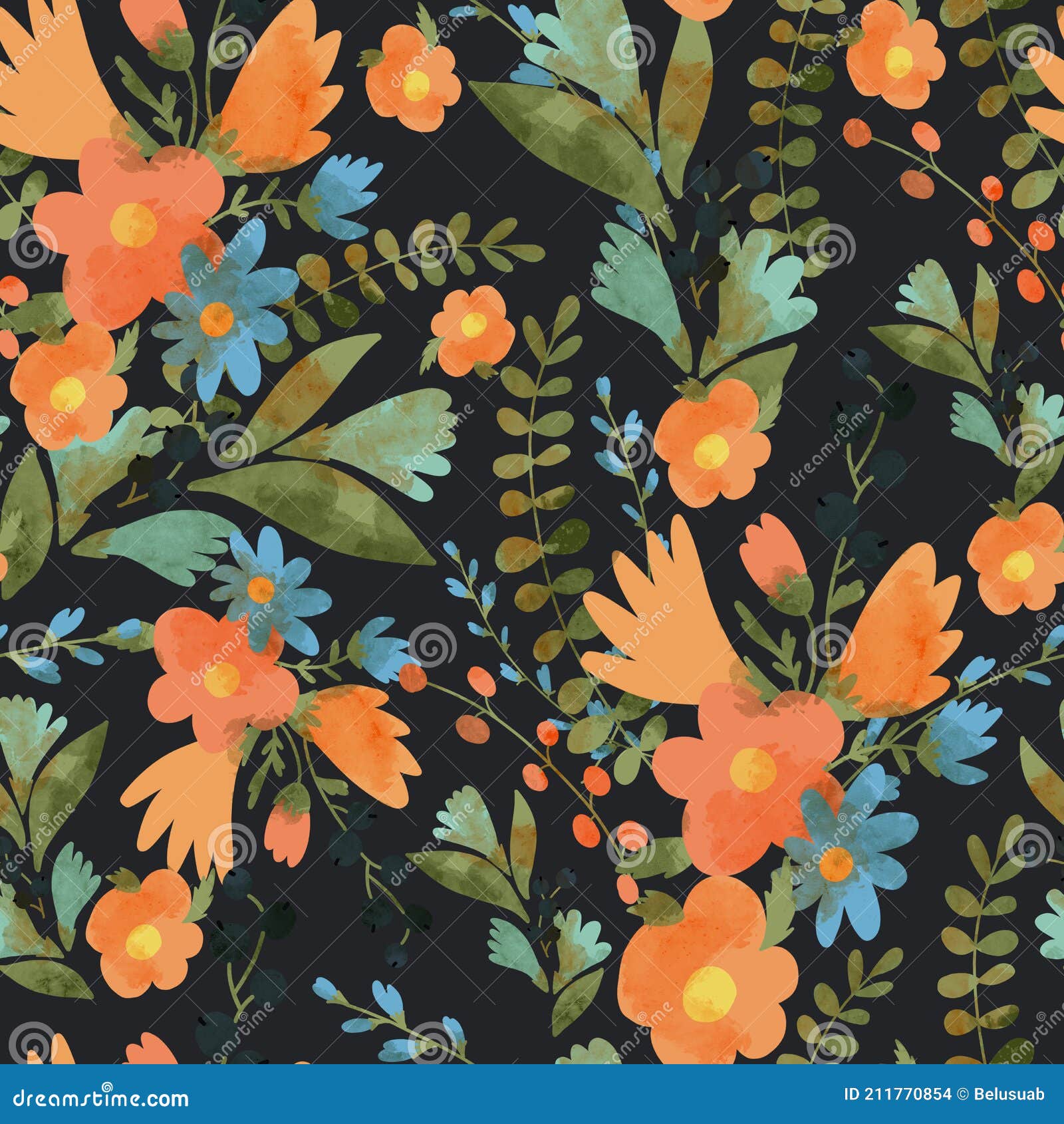 Rustic Wildflowers Seamless Pattern, Green Leaves Summer Bouquet ...