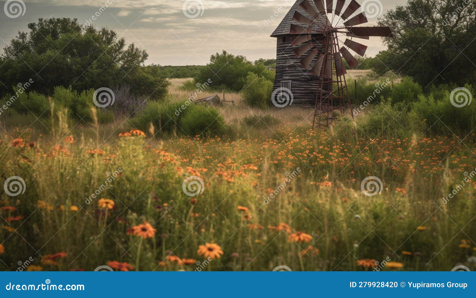 Rustic Windmill Generates Power, Amidst Tranquil Wildflowers and ...