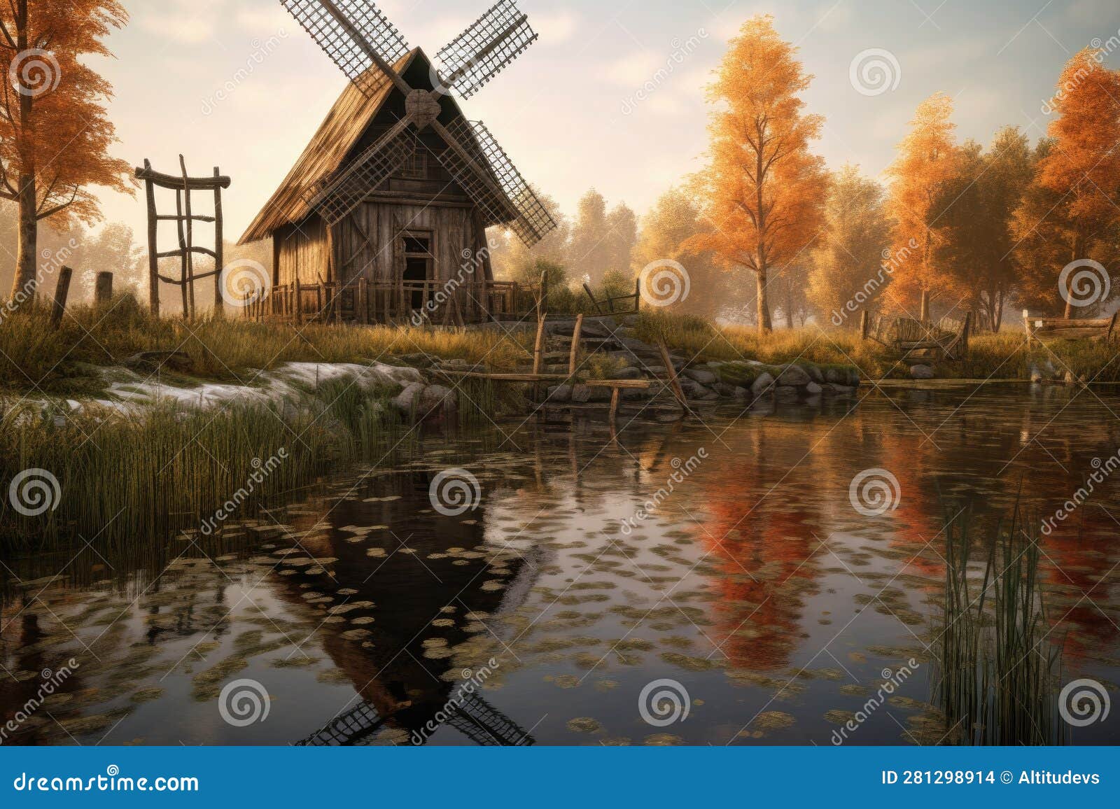 Rustic Windmill by a Tranquil Pond Reflecting in Water Stock ...