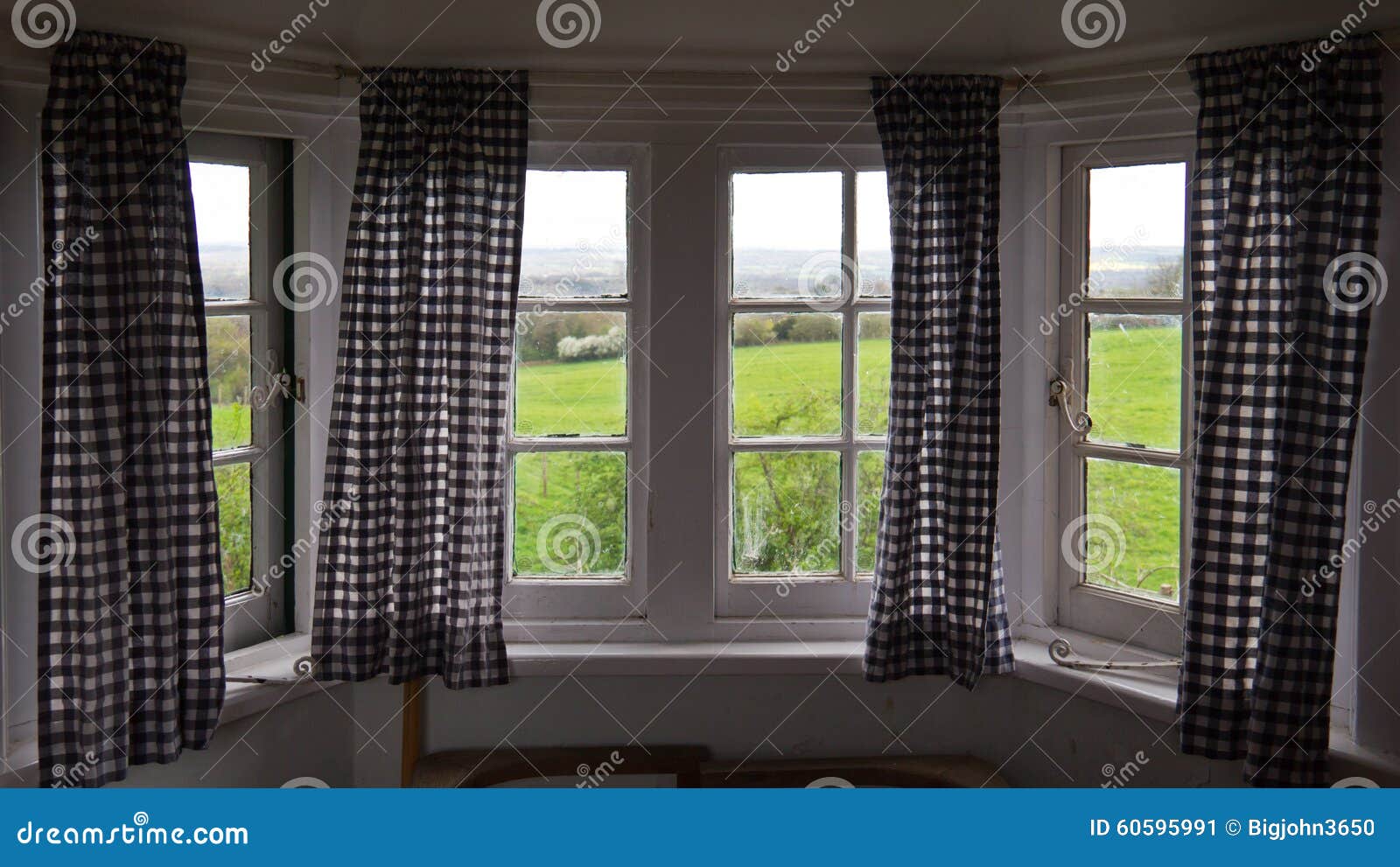Rustic Window with Curtains with View of Countryside Stock Image ...