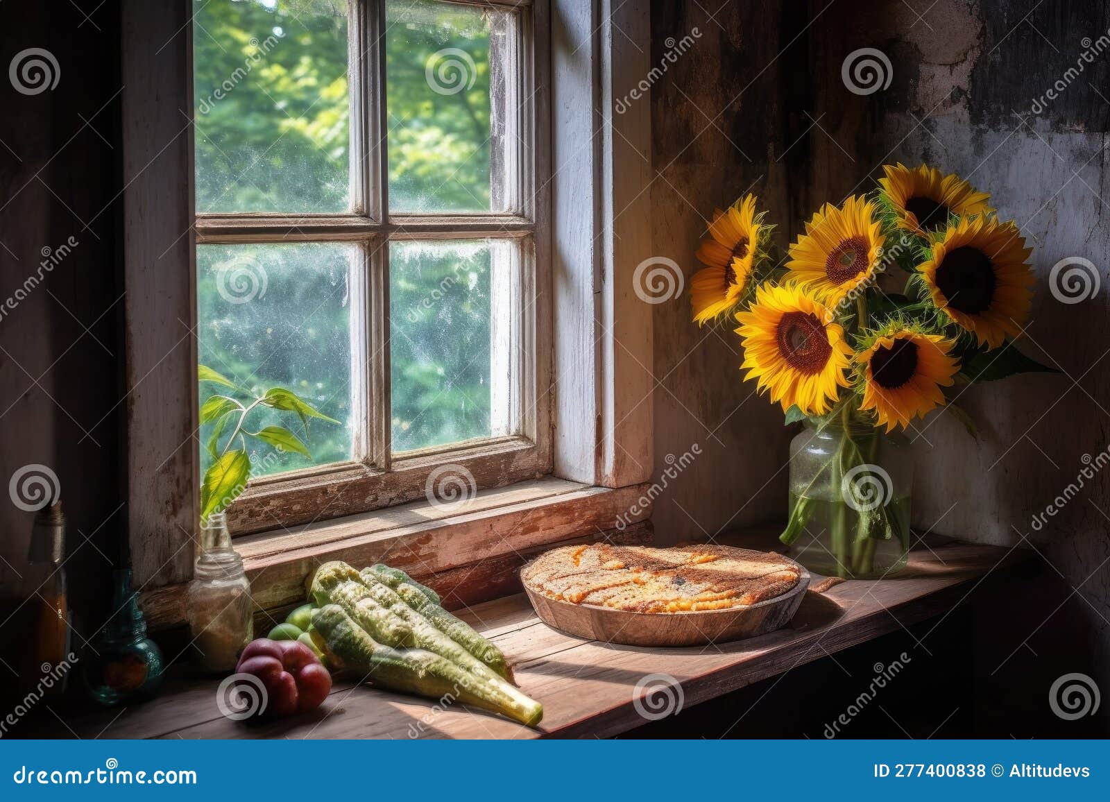 A Rustic Window Sill with Sunflowers and a Simple Plate of Food Stock ...