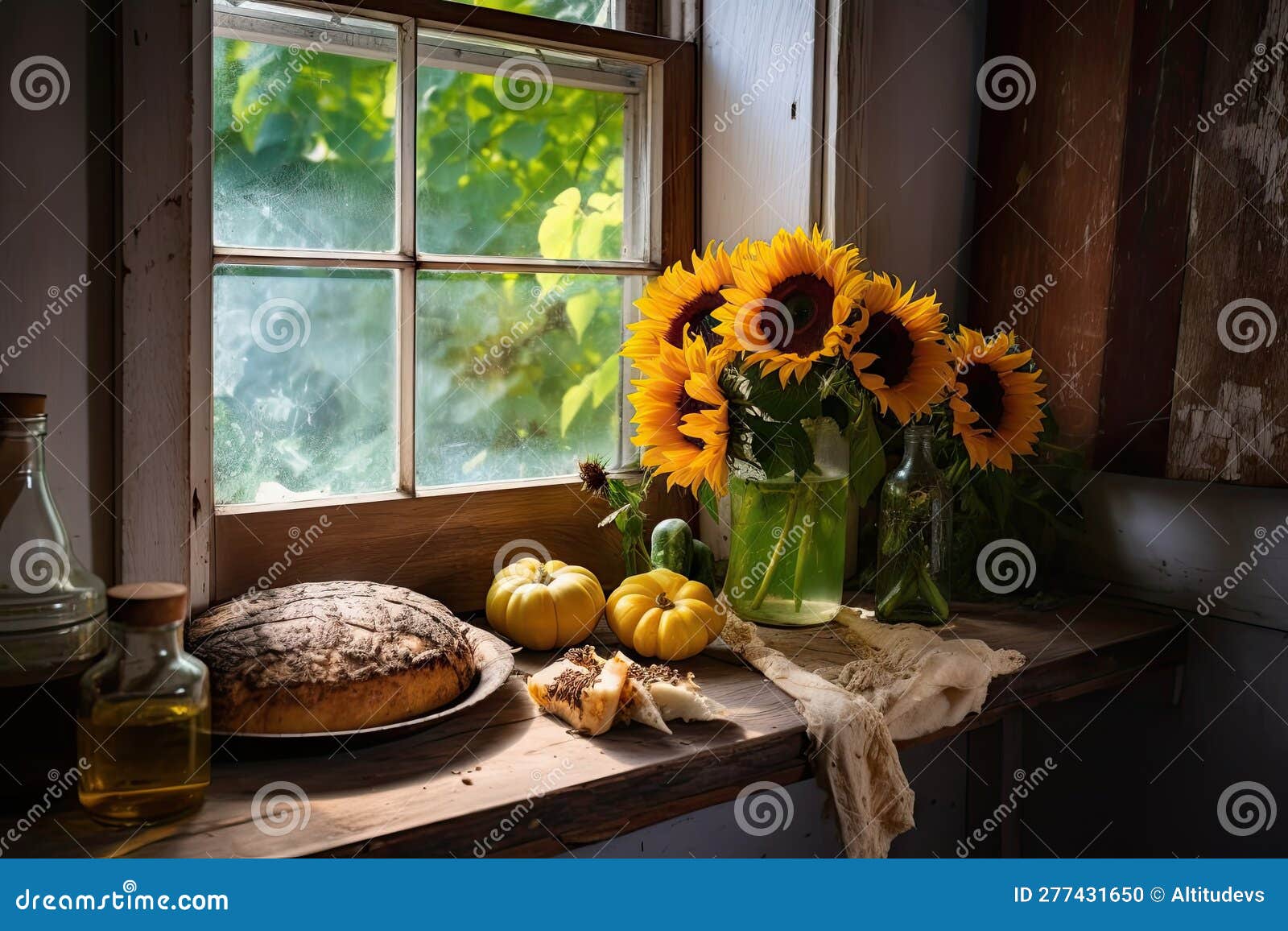 A Rustic Window Sill with Sunflowers and a Simple Plate of Food Stock ...