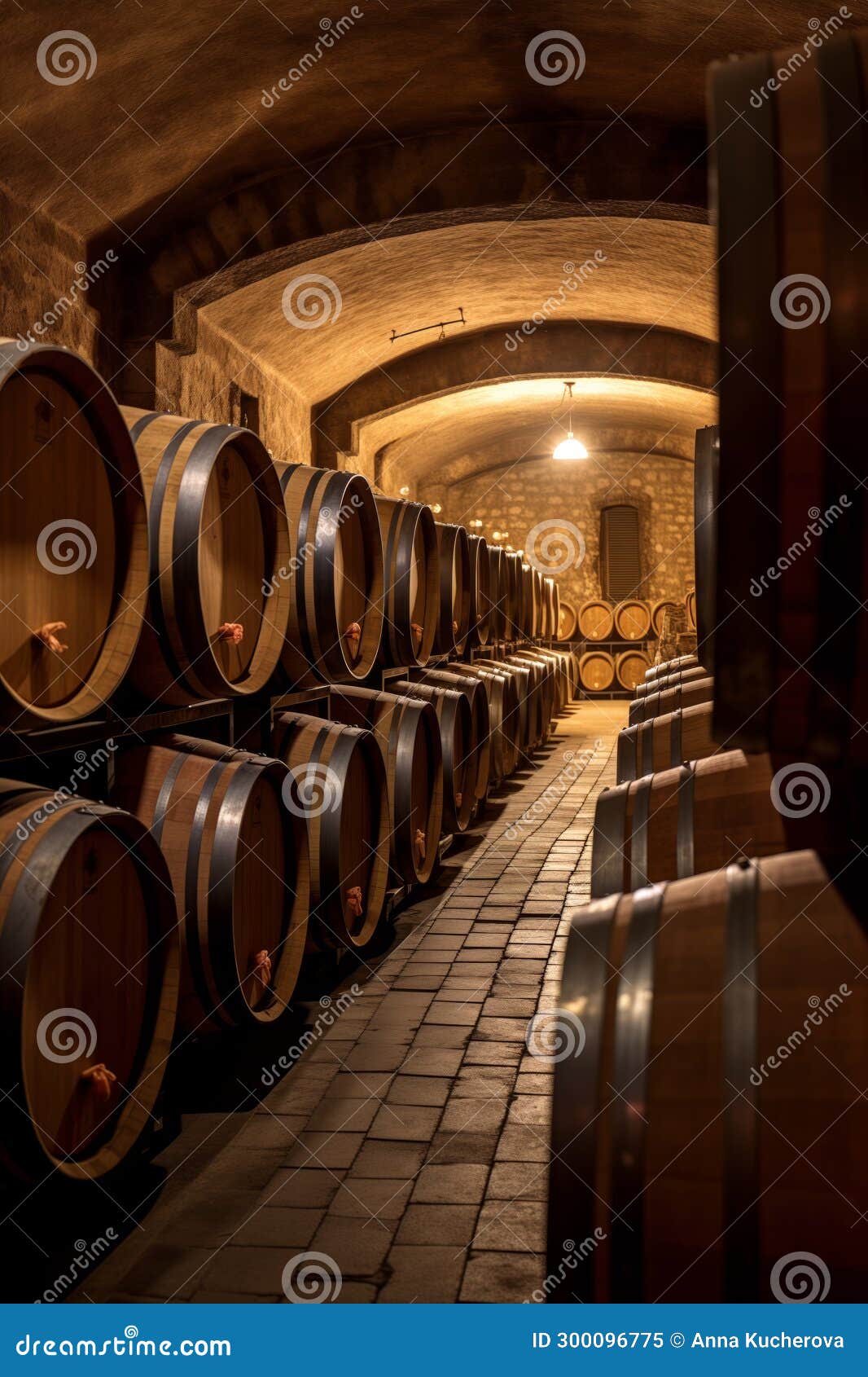 A Rustic Wine Cellar with Rows of Oak Wine Barrels Along a Stone ...