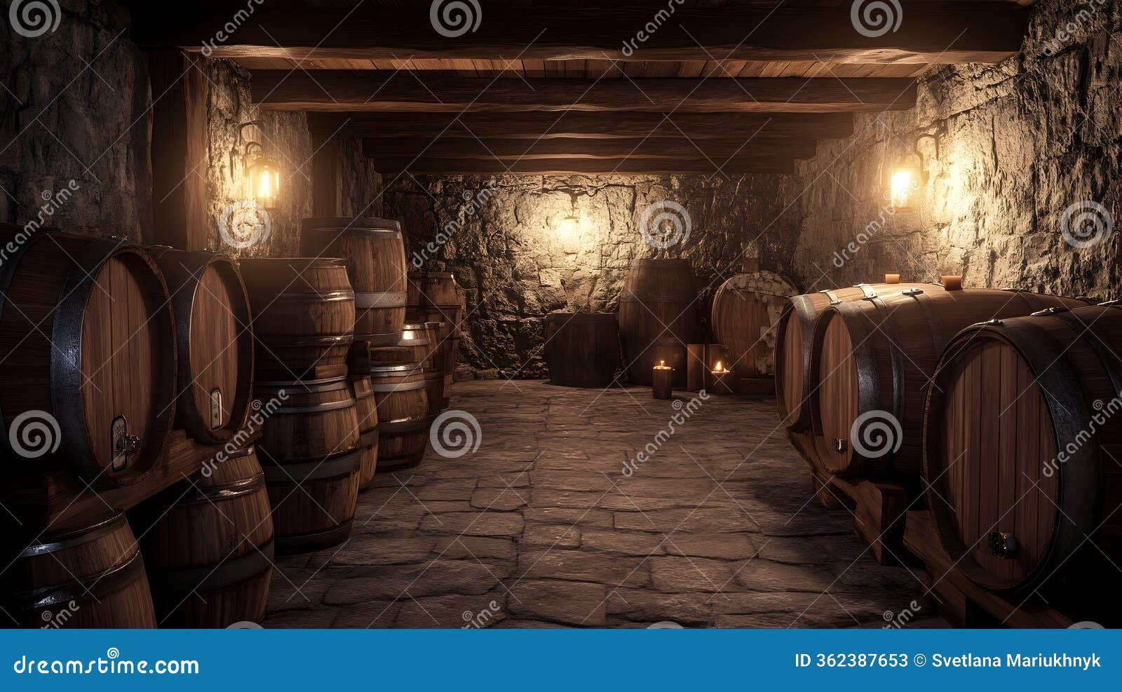 Rustic Wine Cellar with Wooden Barrels and Ambient Lighting in Stone ...