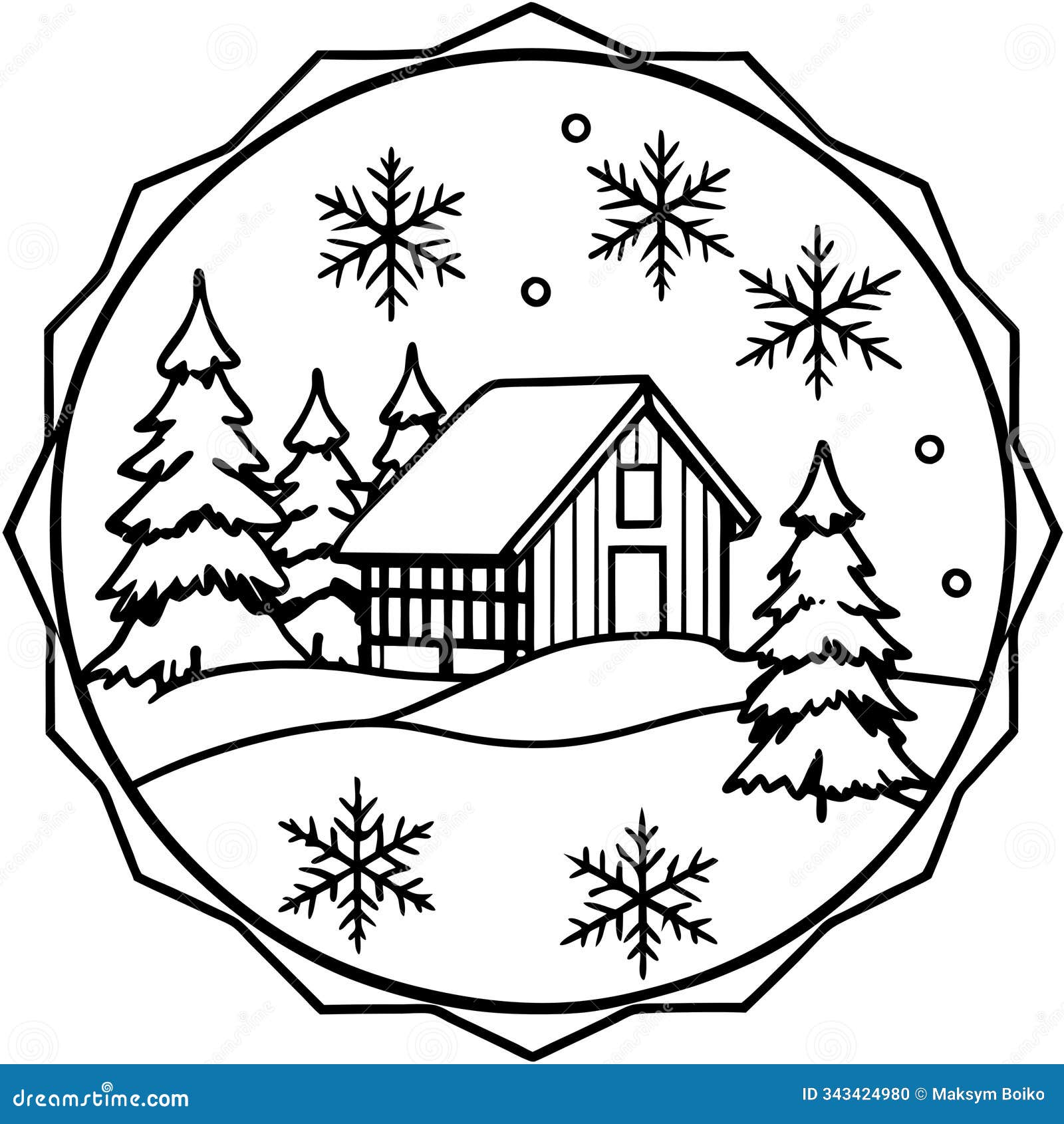 Rustic Winter Scene with a Watercolor Border and Snowflakes Stock ...