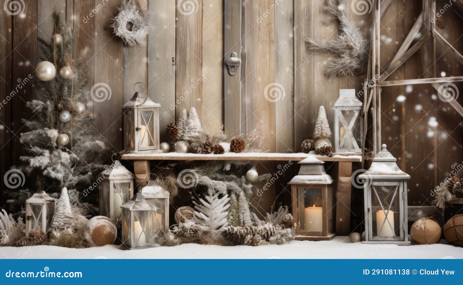 Rustic Winter Scene with Wooden Decorations and Snow Stock Illustration ...