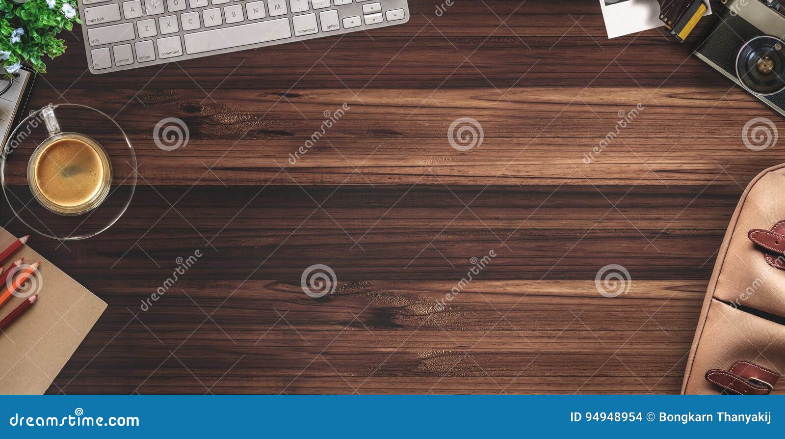Rustic Wood Designer Desk Table with Photographer Stuff. Top View with ...