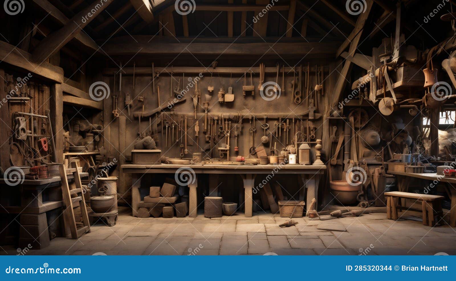 Rustic Wood Shop, Work Shop with Old Rusted Tools Hanging on the Wall ...