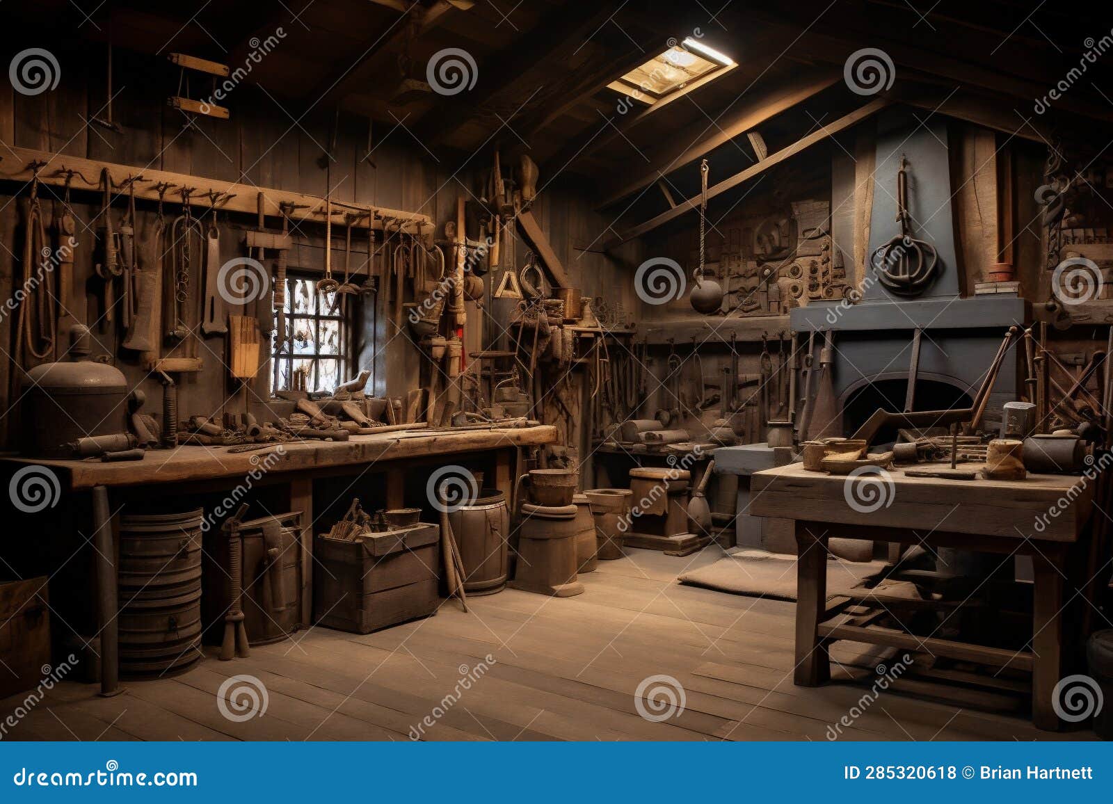 Rustic Wood Shop, Work Shop with Old Rusted Tools Hanging on the Wall ...