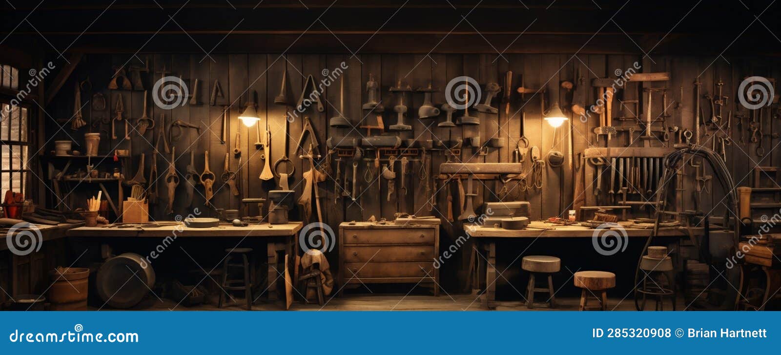 Rustic Wood Shop, Work Shop with Old Rusted Tools Hanging on the Wall ...
