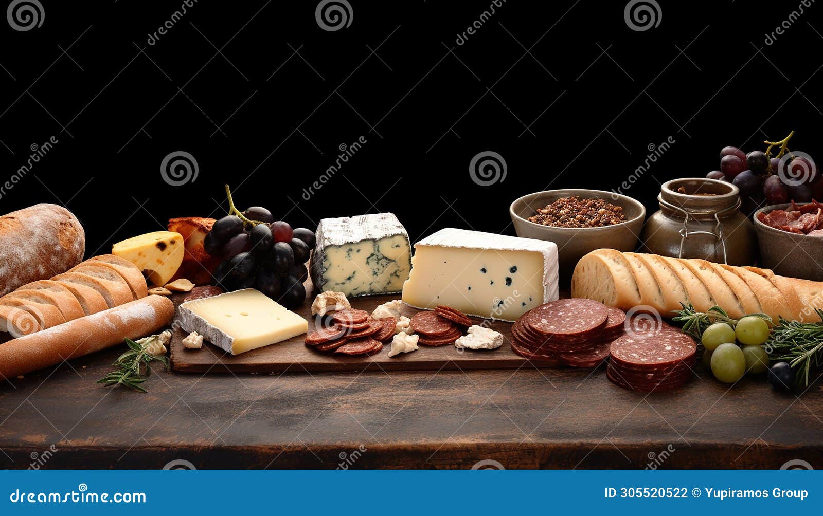 Rustic Wood Table, Variety of Gourmet Cheeses, Fresh Bread Generated by ...