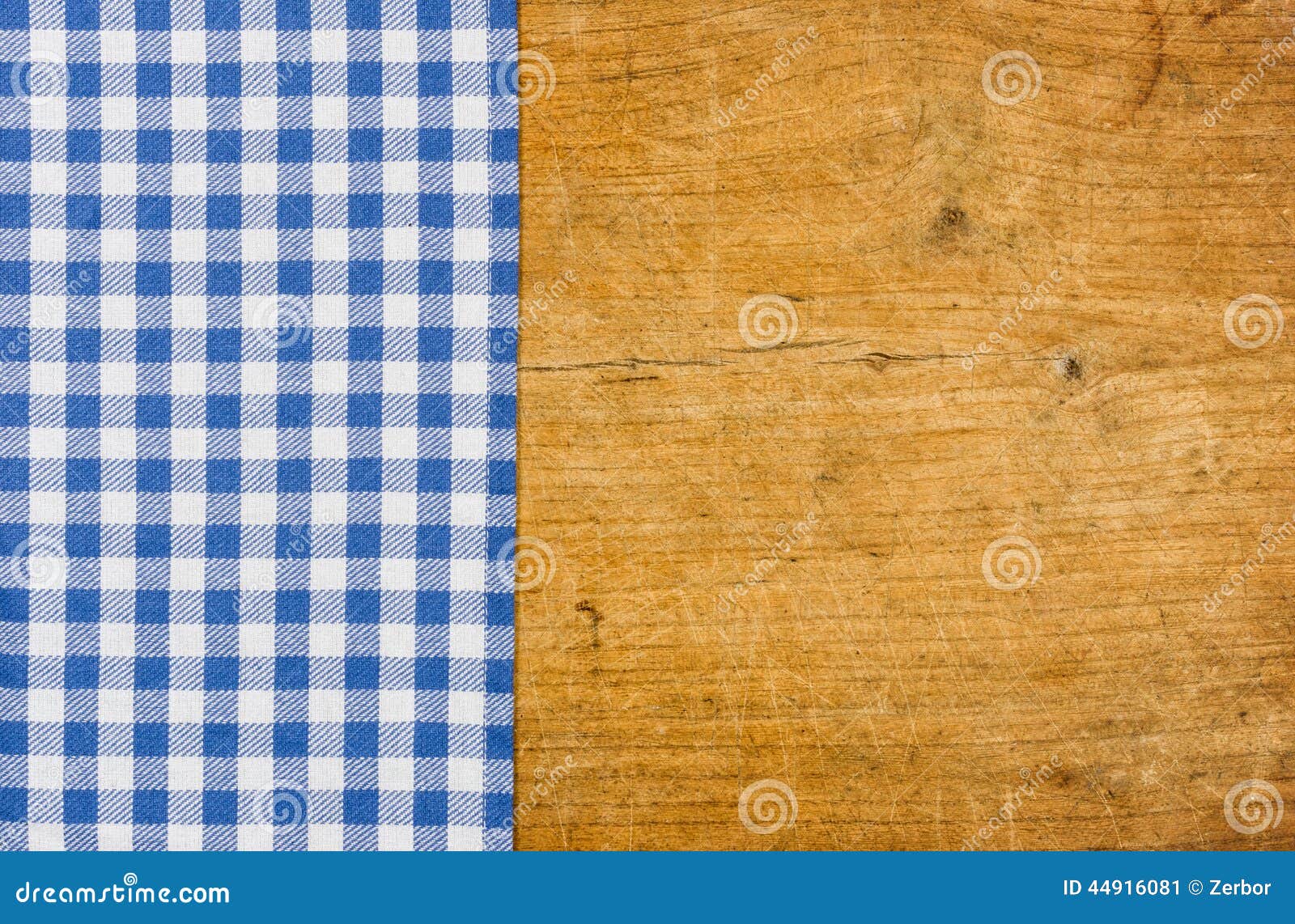 Rustic Wooden Background with a Blue Checkered Tablecloth Stock Image ...