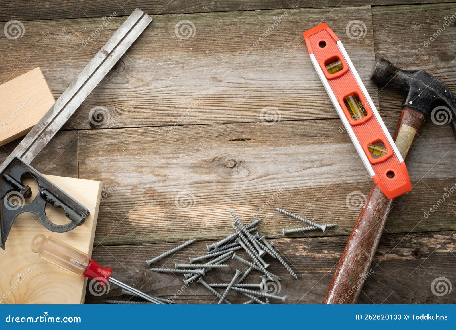 Rustic Wooden Background with Common Tools Around the Edges with Room ...
