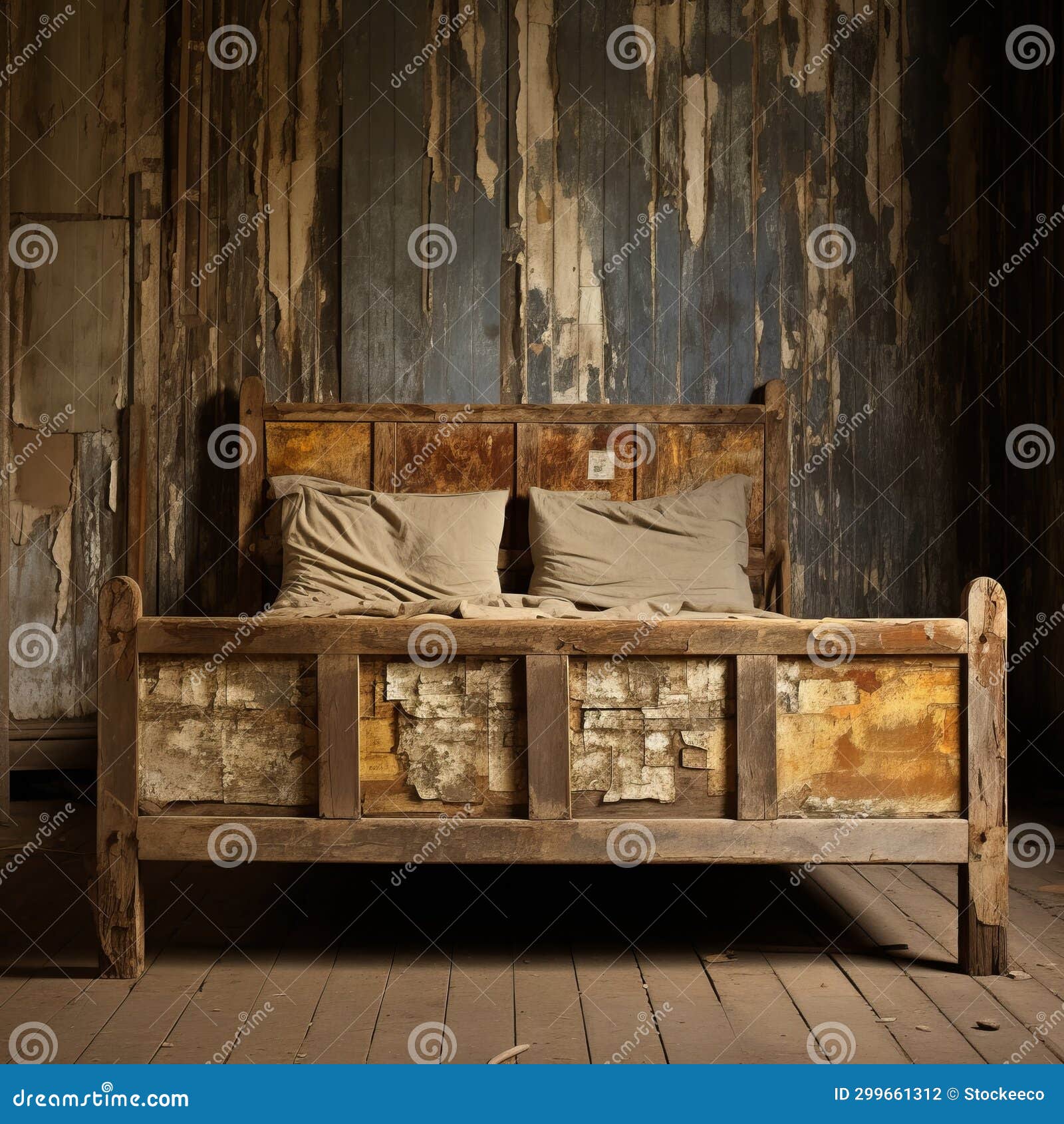Rustic Wooden Bed in a Textural Post-apocalyptic Room Stock ...