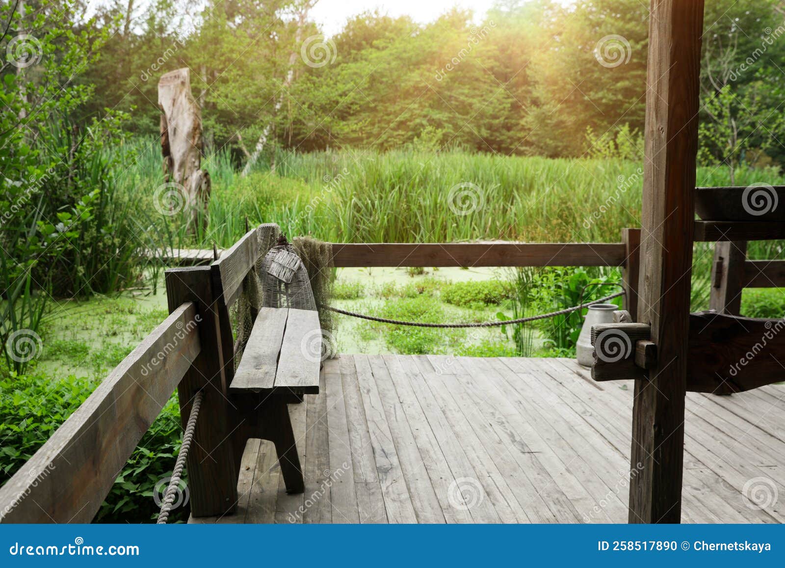 Rustic Wooden Bench on Terrace Near Swamp Stock Photo - Image of ...
