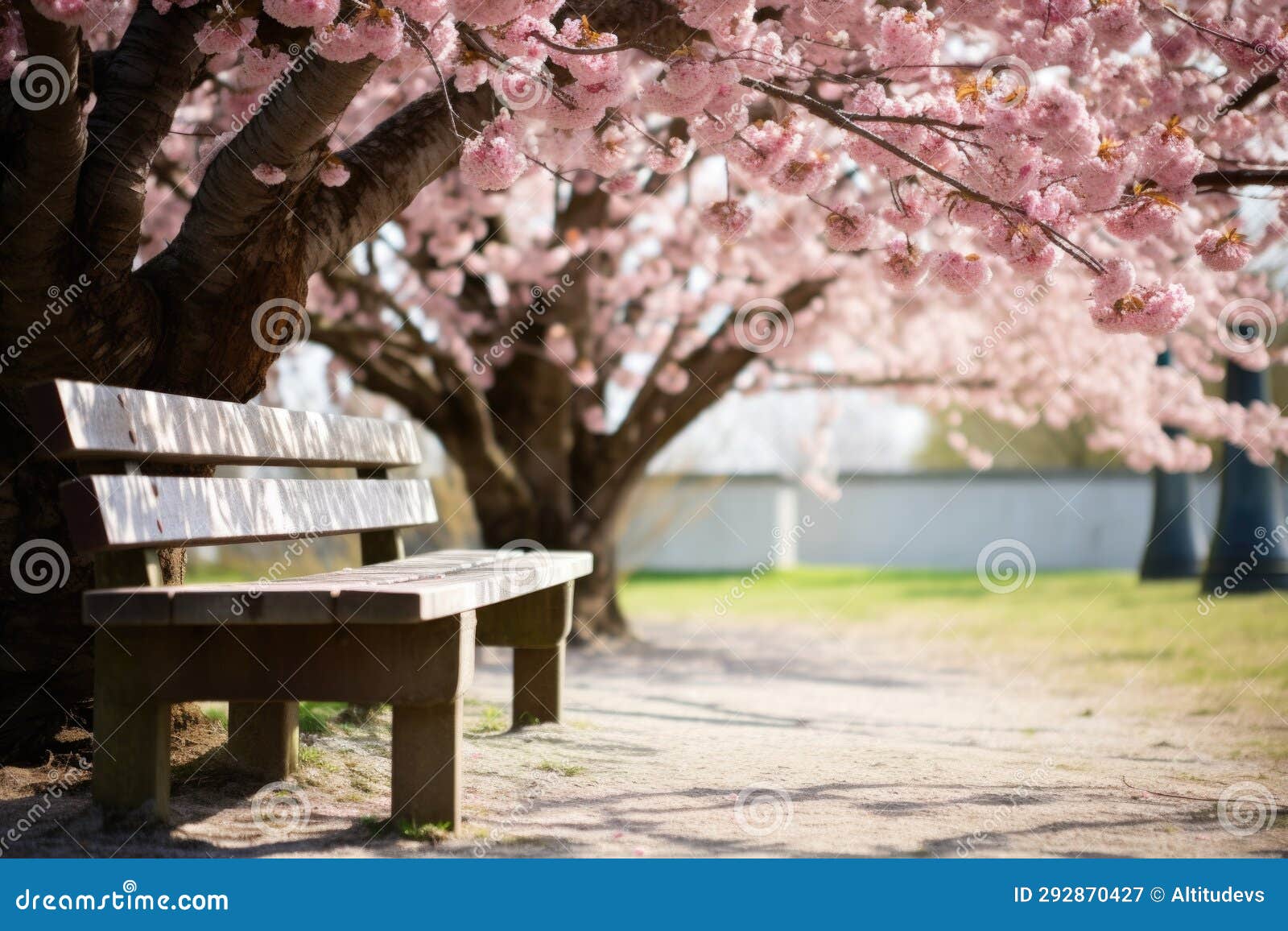 A Rustic Wooden Bench Under a Blooming Cherry Blossom Tree Stock Image ...