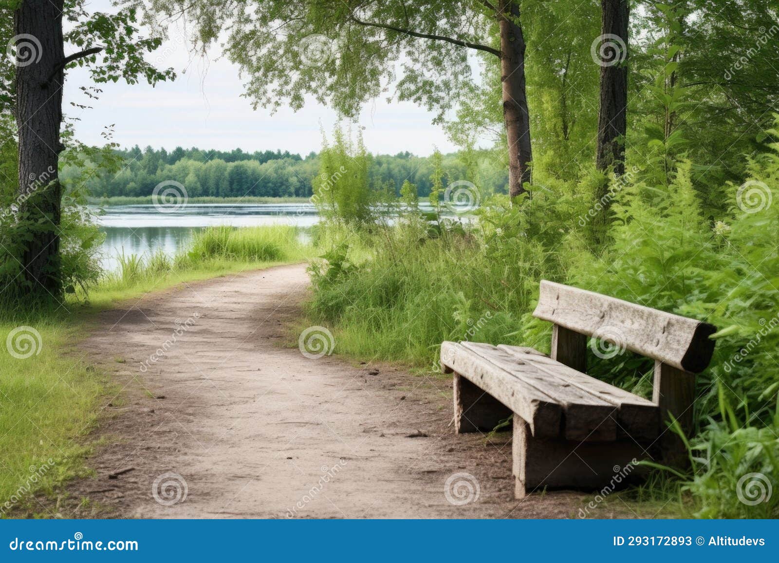 Rustic Wooden Benches Along a Lakeside Path Stock Illustration ...